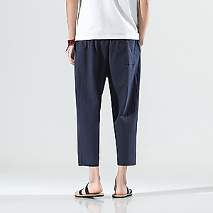 PRIJOUHE Mens Harem Pants Casual Lightweight Loose Fit Capri Pants Linen Beach Pants with Elastic Waistband