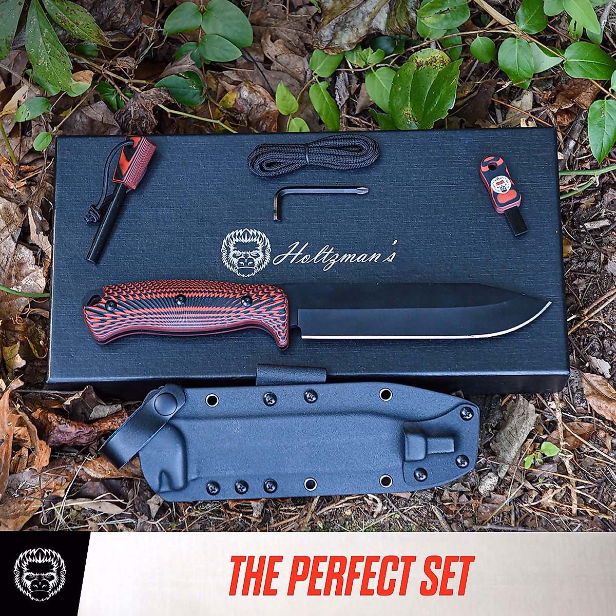 Holtzman's Gorilla Survival 'Mandrill' Fixed Blade Hunting Knife with Sheath, Fire Starter, G10 Scraper & Paracord (Red+Black)