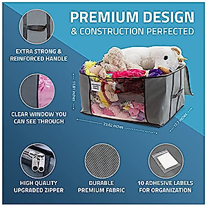 NestNeatly Large Capacity Clothes Storage Bag Organizer with Reinforced Handle for Comforters, Blankets, Bedding, Foldable with Sturdy Zipper, Clear Window, 3 Pack, Gray