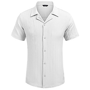 COOFANDY Mens Beach Shirt Short Sleeve Fashion Summer Beach Casual Shirts for Men Regular Fit White - L