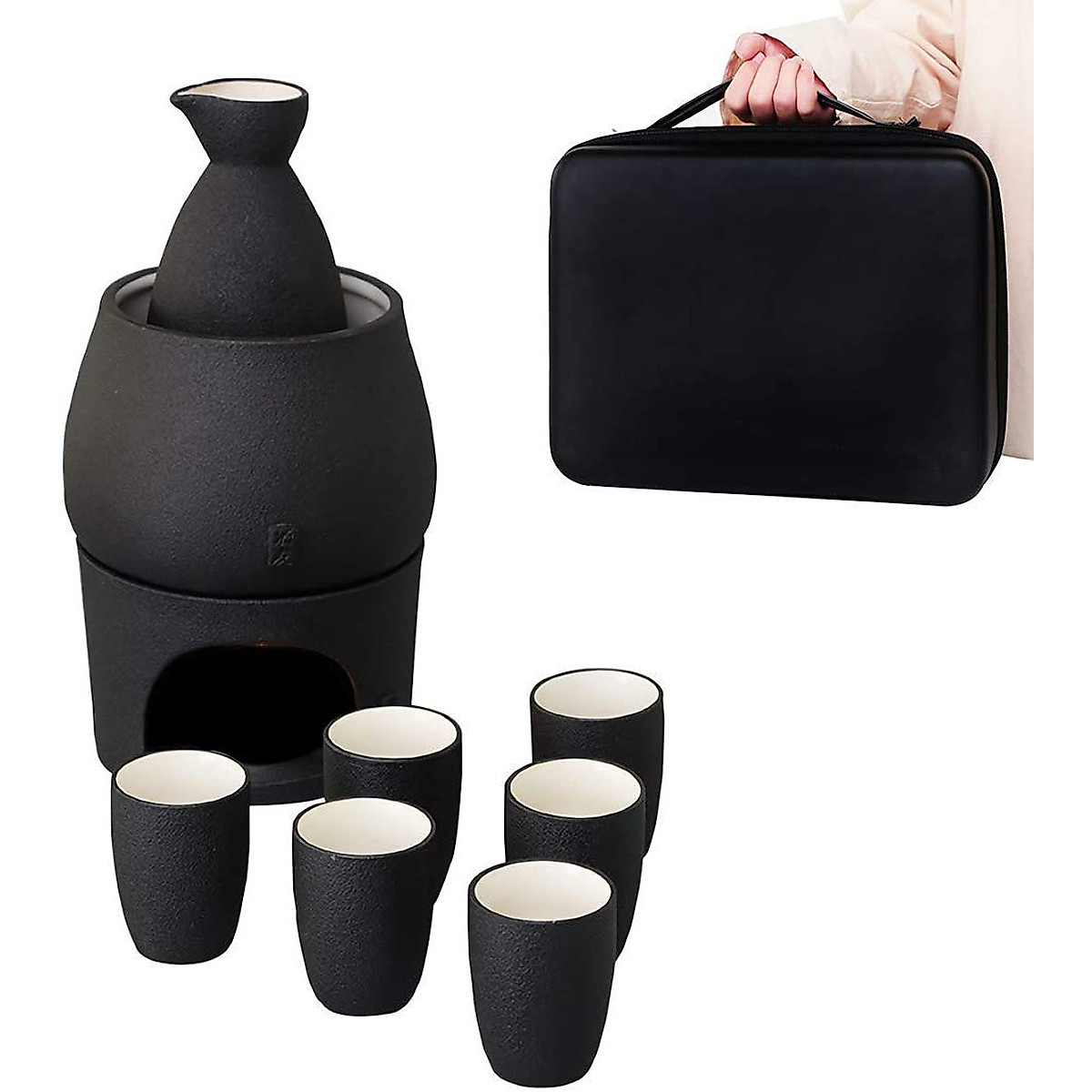 Lyty Ceramic Sake Set Cups with Warmer + Sake Saki Drink Storage Gift Box, Porcelain Pottery Hot Cold Saki Drink, 9pcs Include 1 Stove 1 Warming Bowl 1 Sake Bottle 6 Cup