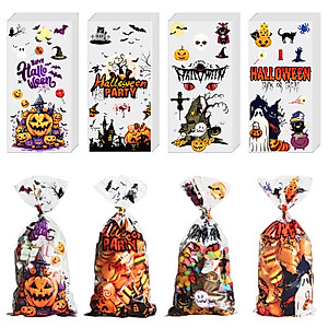 OIIVPWUL 120 Pcs Halloween Treat Bags,Halloween Candy Bags with 130 Pcs Gold and Black Twist Ties,Halloween Goodie Bags for Halloween Party Supply-10.6 * 5.1 inch