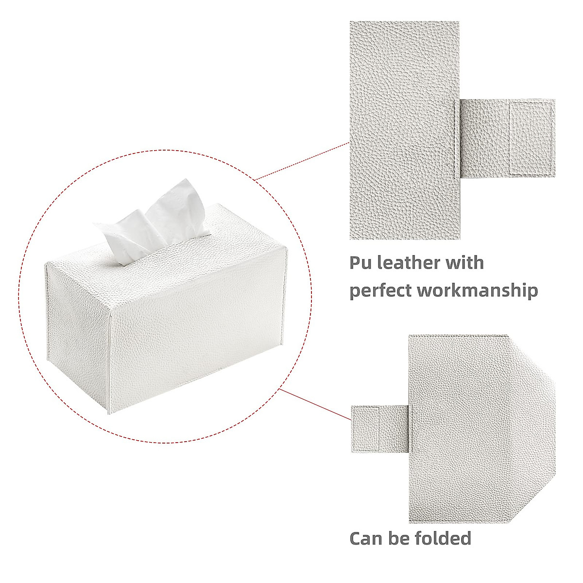 REGELETO Rectangular Tissue Box Cover, Pu Leather Rectangle Tissue Box Holder with Bottom Belt Modern Stylish Tissue Box Organizer for Home, Car, Hotel, Office 9.5"X5"X5" (Off-White)