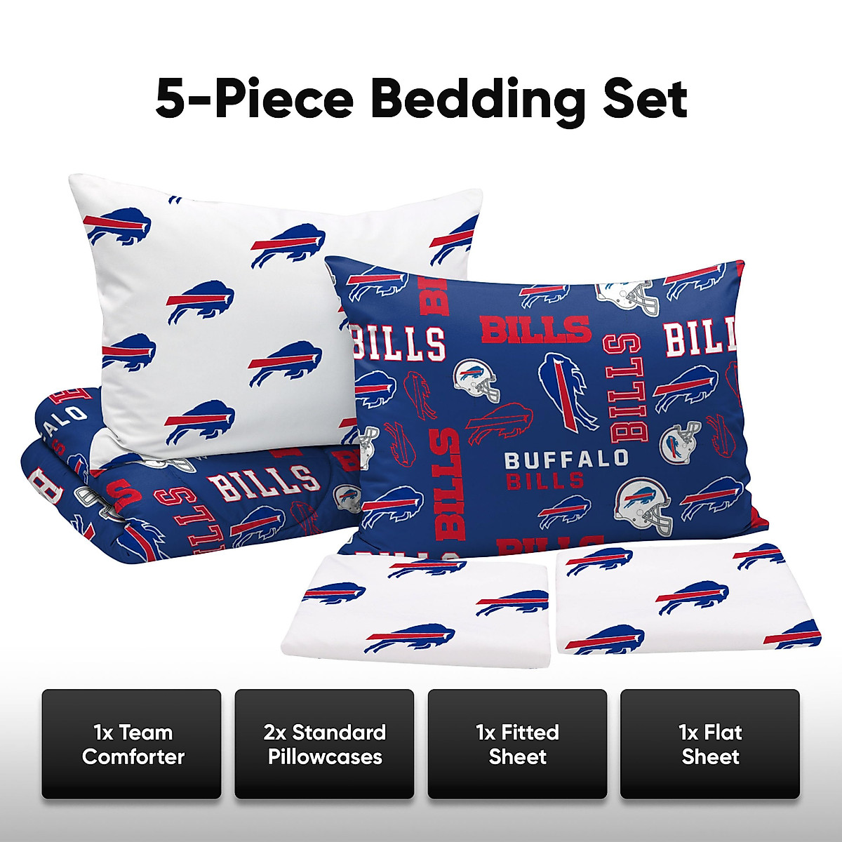 FOCO Buffalo Bills NFL Team Color Bed In a Bag Comforter Bedding 5 Piece Full Set