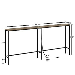 SONGXIN 70.9 Inch Console Table with Power Outlet,Modern Narrow Long Sofa Table Behind Couch,Skinny Entry Table with Black Metal Frame for Entryway,Living Room, Hallway,Walnut Brown