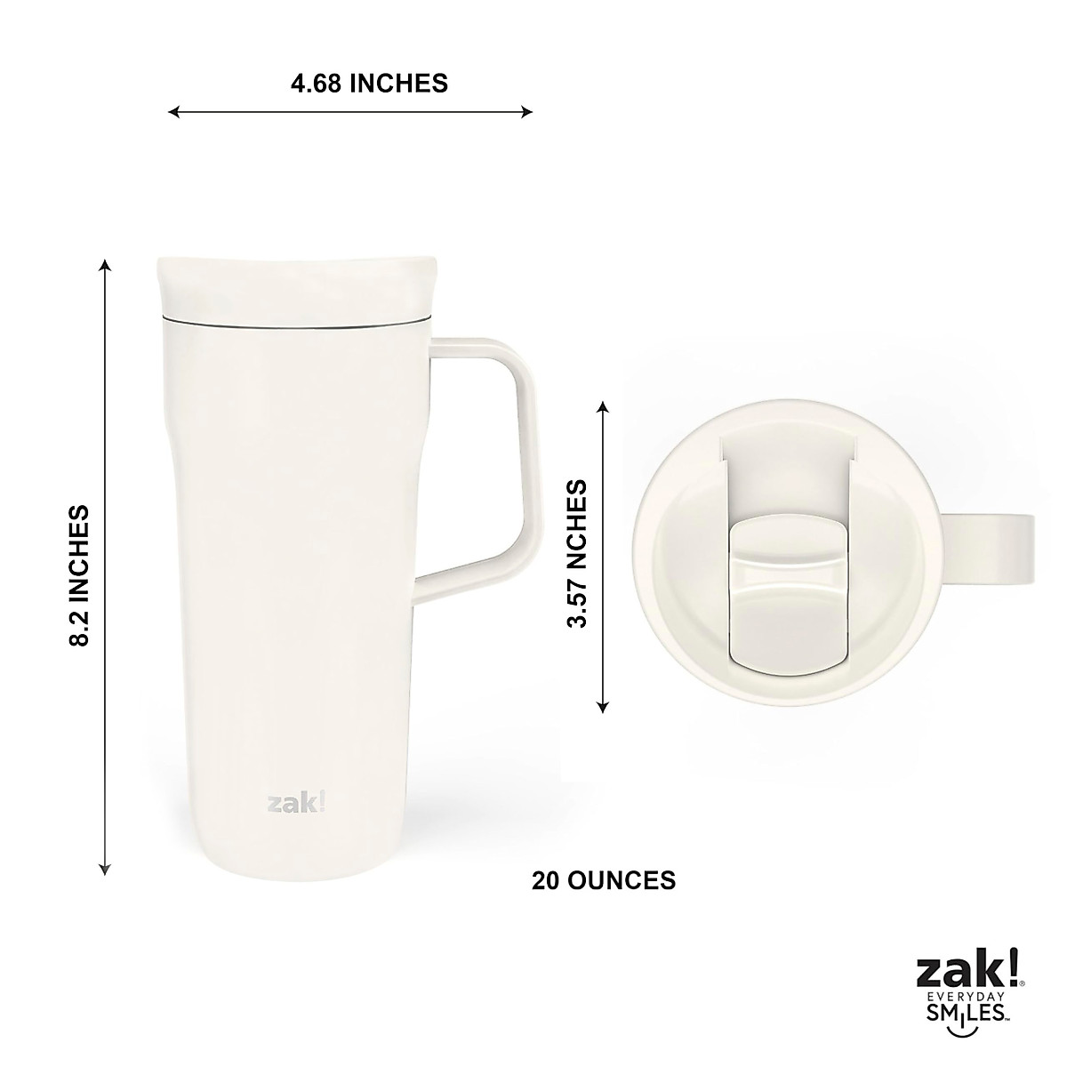 Zak Designs Harmony Tumbler for Travel or At Home, 20oz Recycled Stainless Steel is Splash-Proof and Vacuum Insulated with Slide Lid and Handle (Cream White)