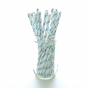 Light Blue Polka Dot Straws (25 Pack) - Paper Baby Shower Straws for Candy Buffets, Dessert Table Decor or Wedding Favors