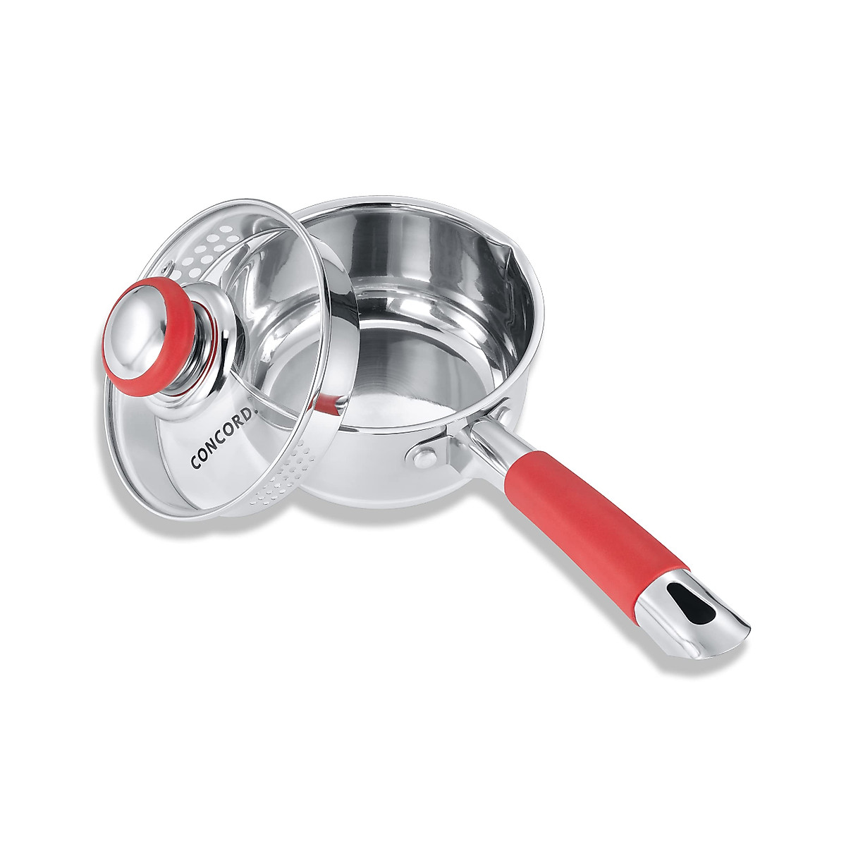 Concord 1 Quart Stainless Steel Saucepan with SIMPLE POUR Vented Glass Lid. Features Dual Pouring Spouts and Volume Marking. Perfect for making Sauces, Jam, Ramen, and more