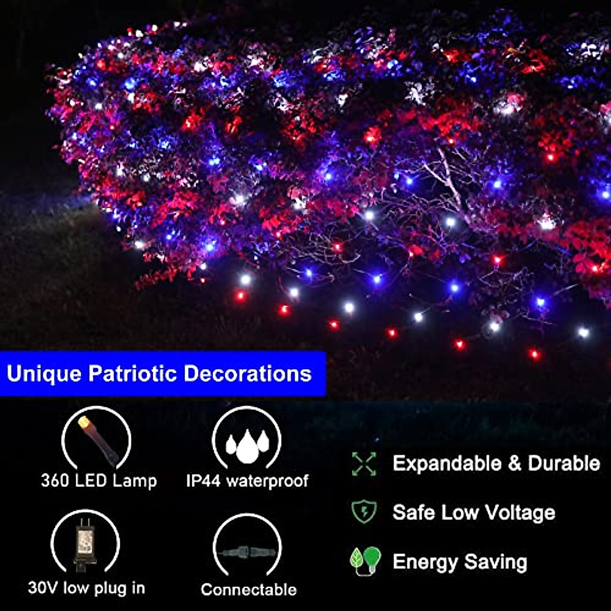360 LED Net Lights 4th of July Decorations, 20ft x 5ft Red White and Blue Mesh Lights 8 Modes, Waterproof Patriotic Fairy Lights Plug in for Memorial Day Independence Day Yard Garden Outdoor Party