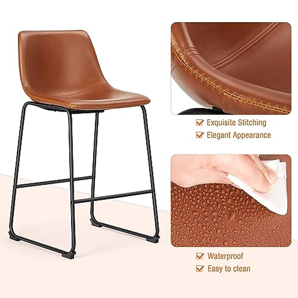Sweetcrispy Counter Height Bar Stools Set of 2, Leather Barstools Modern Bar Stools with Back, 26 inch Counter Stool Armless Bar Chairs with Metal Legs, Footrest