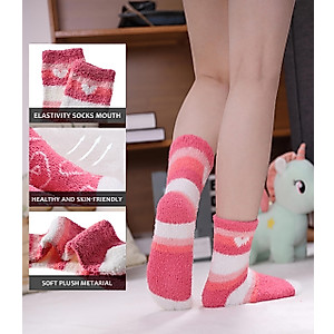 SDBING Fuzzy Socks for Women Soft Fluffy Home Sleeping Socks Cozy Warm Slipper Socks 6 or 5 Pairs (5 Pairs Pink Hearts)