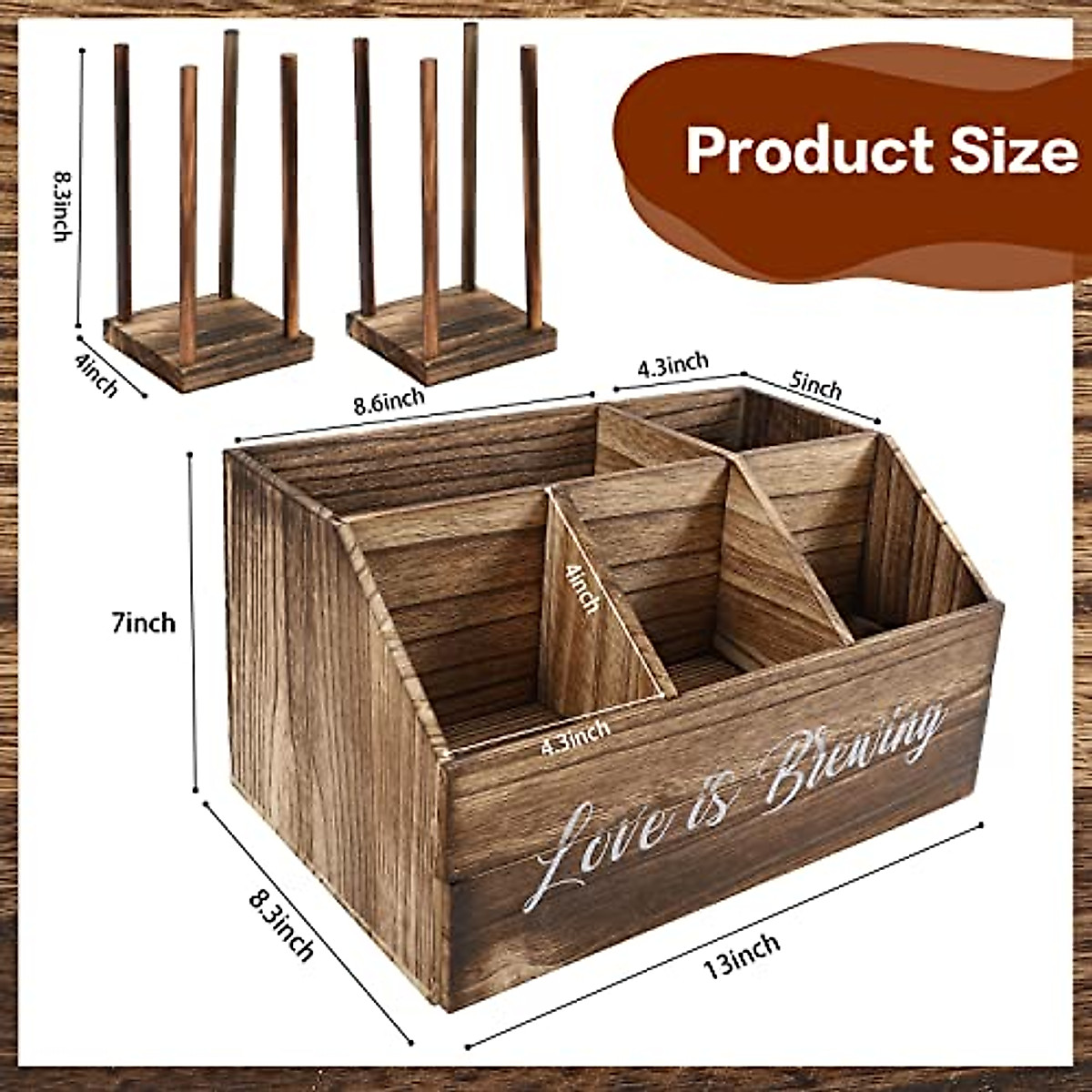 Coffee Station Organizer - Wooden Coffee Bar Organizer for Countertop Office Coffee Organizer Station with Drawer Farmhouse Coffee Bar Decor for Coffee Capsule Pod, Sugar, Cups, Tea Bag (Burnt Wood)