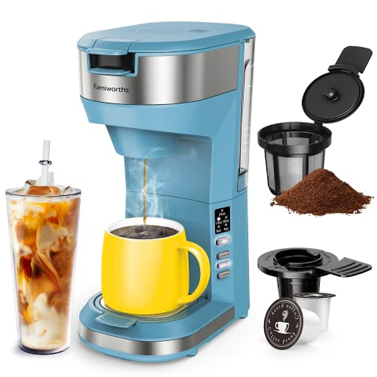 Hot and Iced Coffee Maker for K Cups and Ground Coffee, 4-5 Cups Coffee Maker and Single-serve Brewers, with 30Oz Removable Water Reservoir, 6 to 24Oz Cup Size, Pot and Tumbler Not Included, Blue