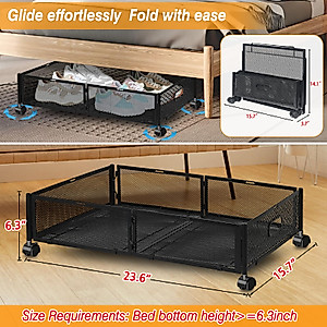 punemi Under Bed Storage with Wheels, 2 Pcs Underbed Storage Containers Rolling Drawers with Handle, 23.6 x 15.7 x 6.2in Tall Metal Under Bed Shoe Organizers for Clothes, Tool-free Assembly Black