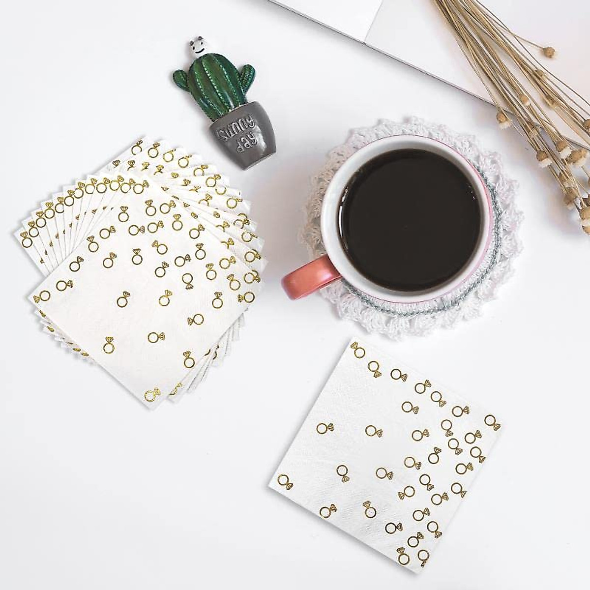 100 Pack 6.3x6.3 Inch Gold Diamond Ring Napkins - 2-Ply Cocktail Napkins Bar Napkins Disposable Party Napkins Paper Napkins Dinner for Bridal Shower Engagement party party decor Valentines Day