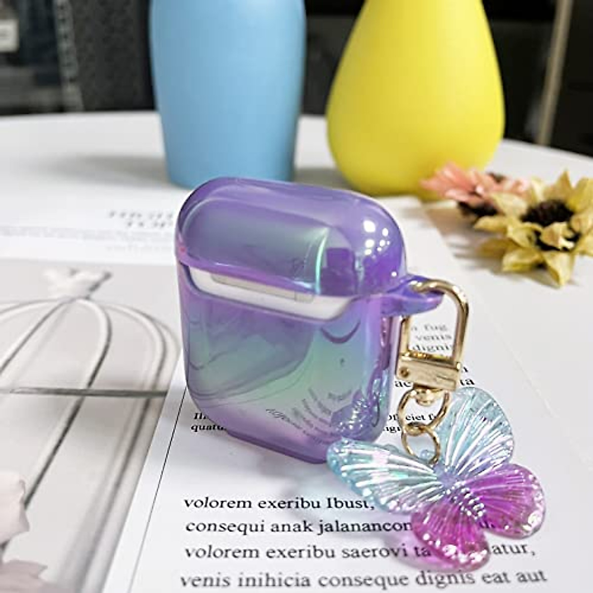 Fycyko Compatible with AirPods Case Cover,Butterfly Colorful Cute Luxury Plating for AirPod Case with Keychain Soft TPU Protective Case for Women Girls Design for AirPods 1&2 Purple
