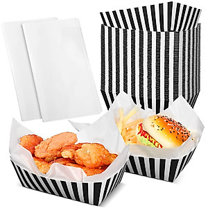 Rtteri 50 Pcs Carnival Party Paper Food Trays with Greaseproof Liner Paper Bulk Striped Circus Party Snack Disposable Food Boats for Carnival Circus Food Truck Party Supplies (Black and White Stripes)