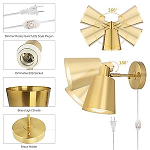 TISLYCO Plug in Wall Sconces Set of Two, Dimmable Wall Sconces with Plug in Cord Adjustable Angle Wall Lights with Dimmer Rotary Switch, Brass Wall Mounted Light Wall Lamp for Bedroom Bedside Desk