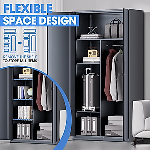 DNA MOTORING Metal Storage Cabinet, 72" Storage Wardrobe with Lock and Hanging Rod, Locking Cabinet Heavy Duty Utility Cabinet with 4 Shelves for Garage,Office,Home,Gym, Gray, TOOLS-00633-GY-GY