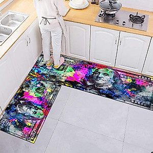 Orlco Art 2 Pieces Colorful 100 Dollar Rug Set Kitchen Rugs Graffiti Watercolor Bills Benjamin Non-Slip Large House Decor Rug for House Door Corridor Bedroom Kitchen 17.5"x29"+17.5"x59"