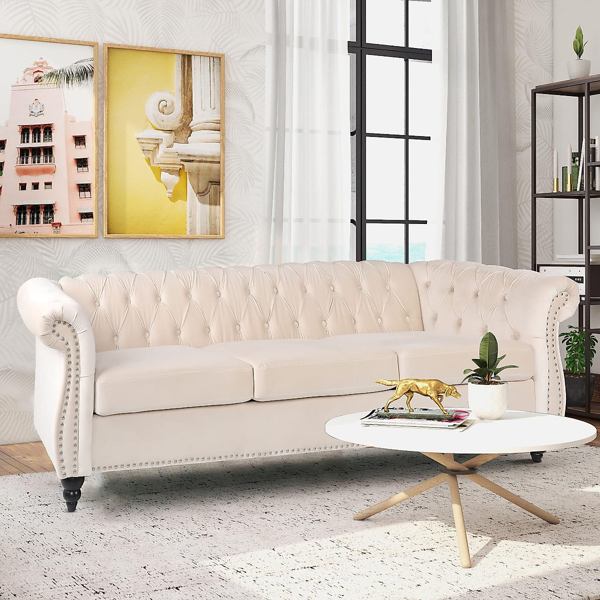 PHOYAL Large Sofa, Velvet Sofa Three-seat Sofa Classic Tufted Chesterfield Settee Sofa Modern 3 Seater Couch Furniture Tufted Back for Living Room (Beige)