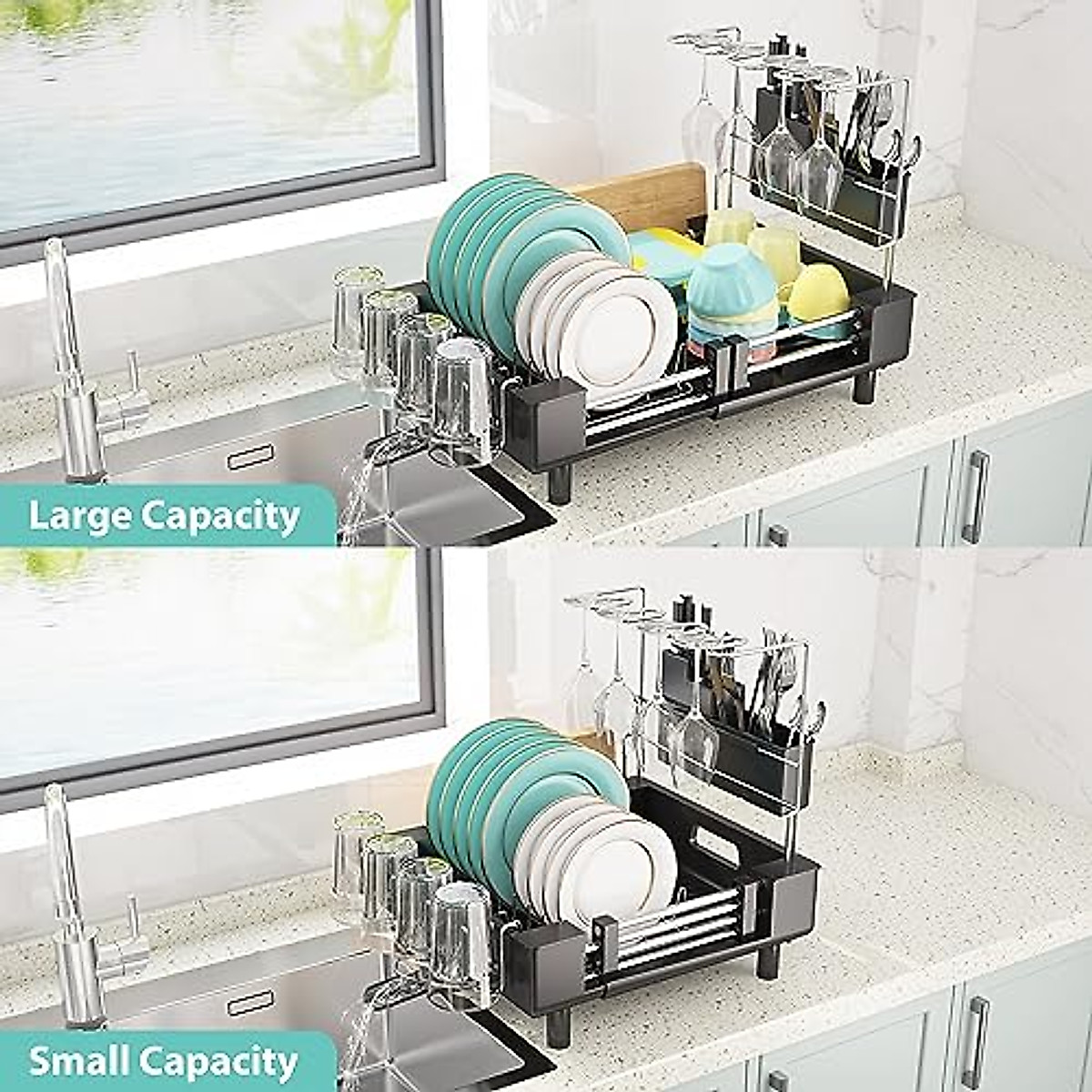 Ozera Dish Rack, Expandable Drying Rack with Drainboard, Stainless Steel Large Racks for Kitchen Counter, Detachable Set Dishes Utensils Holder and Cup Holders, Black (SN-LSJ01)