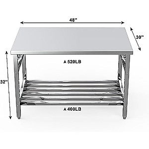 Stainless Steel Folding Table for Prep & Work 48x30 Inches, NSF Commercial Foldable Kitchen Heavy Duty Table with Undershelf for Restaurant, Home and Hotel