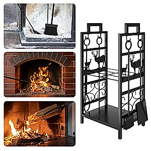YITAHOME 2.6x1.3ft Firewood Rack Tools Set Wood Log Holder for Fire Place Outdoor Indoor Accessories - 2 Layer Iron with Brush, Shovel, Tong, Hook, Lumber Kit Storage Stacking, Black