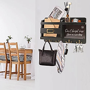 Kanmart Key Hooks for Wall Decorative: Retro Key Hanger with 4 Key Holders, Mail Organizer with Mail Slot, Side Hooks, Magnetic Blackboard & Marker, Black, KM-H01