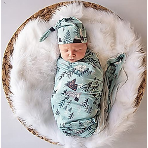 Bellasignoro Newborn Receiving Blanket Swaddle Blanket Hat Set for Baby Snug Wrap (Mountain&Tree)