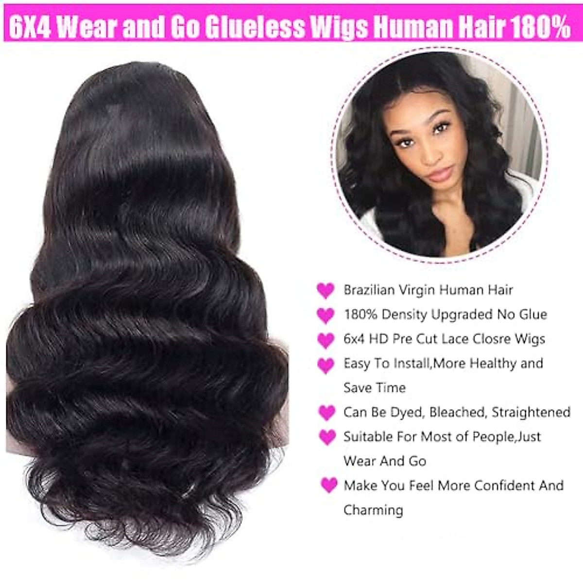 Anyweek 6x4 Wear and Go Glueless Wig 28inch Glueless Wigs Human Hair Pre Plucked Pre Cut HD Lace Closure Wigs Human Hair 180% Density Body Wave Lace Front Wig