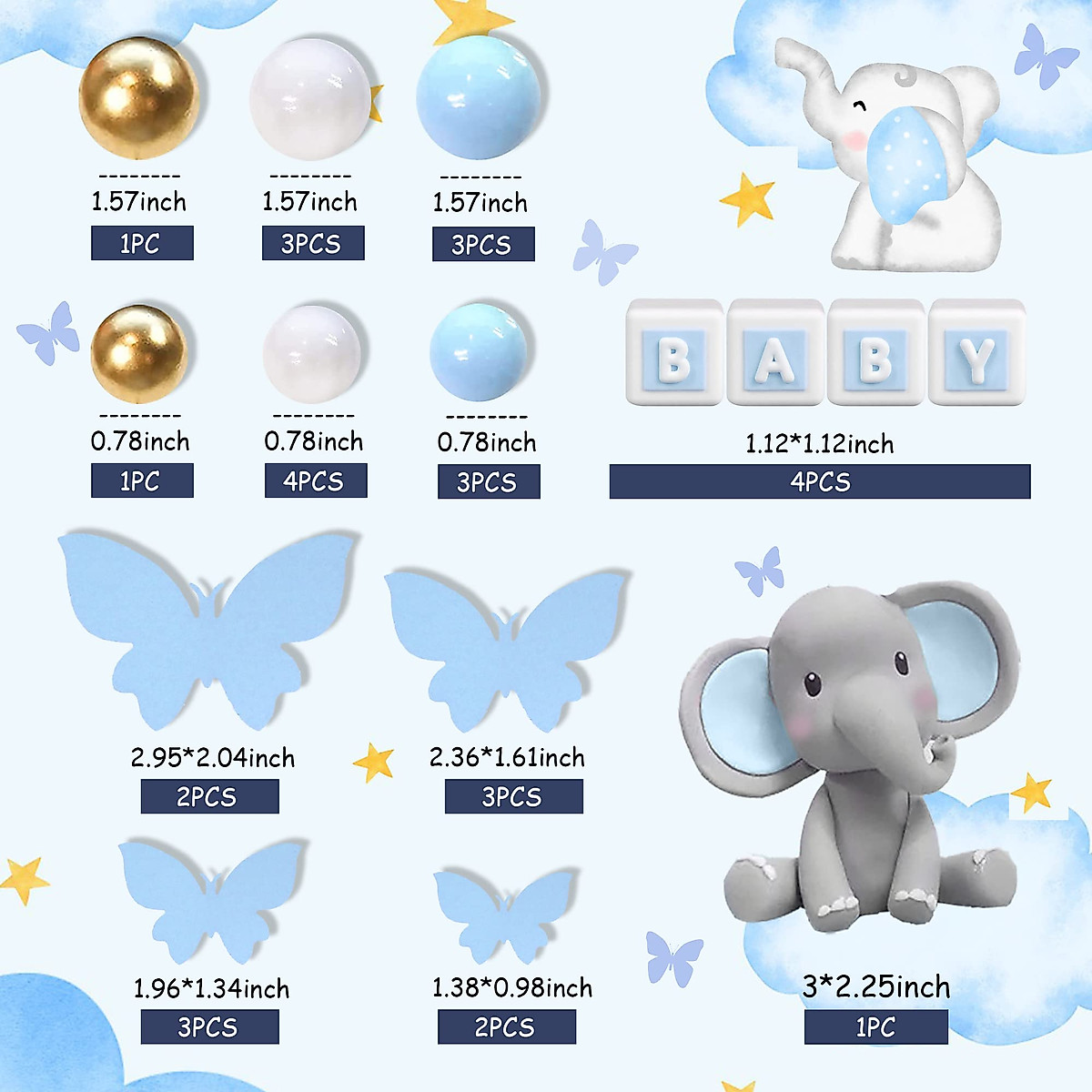 Elephant Cake Decoration Mini Elephant Cake Topper Blue BABY Letter Cake Toppers Gold Blue White Pearl Ball for Baby Shower Boy Elephant Theme Birthday Party Supplies (BLUE)