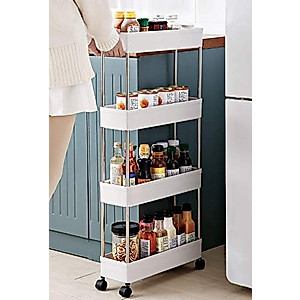 TXT&BAZ Mobile Ultra-Thin Storage Rack with Wheels, Slim Storage Cart，Rolling Cart，Kitchen Cart（4 Tier Plastic White