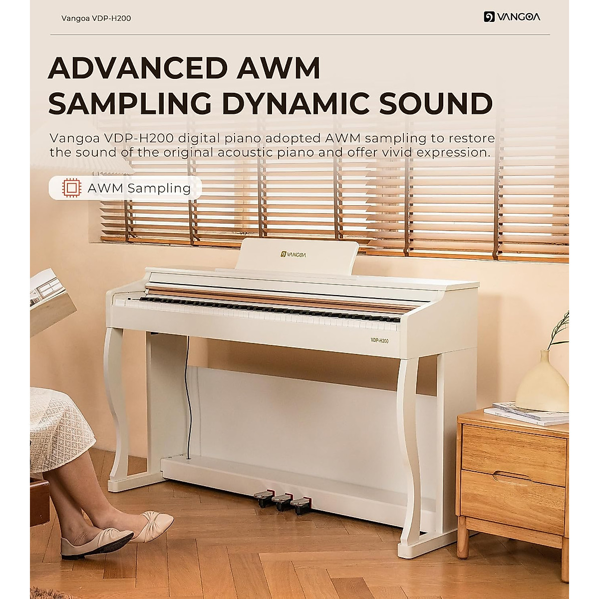 Vangoa Digital Piano 88 Keys Weighted Hammer Action White Home Digital Piano Bundle for Beginner Professional Adult with Wooden Stand, Slide Key Cover, Three Pedals, Power Adapter