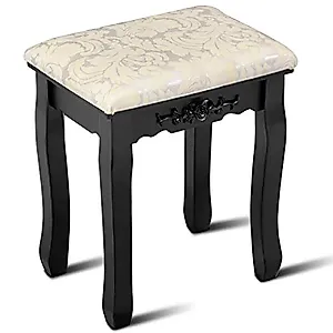 GOFLAME Vanity Stool, Retro Makeup Dressing Bench with Solid Wood Legs, Piano Seat with Carved Flowers, Thick Padded Cushioned Chair with 250lb Capacity, Large Vanity Benches for Bedroom (Black)