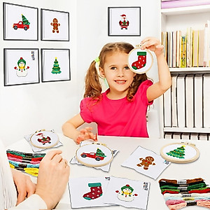 ZOIIWA 6PCS Christmas Cross Stitch Kits for Beginners DIY Embroidery Kit for Kids Adults Needlepoint Starter Kits Craft with Santa Snowman Gingerbread Man Socks Christmas Tree Truck Craft Supplies