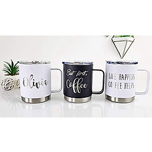 Personalized Insulated Coffee Mug with Lid - 12 oz -Customize with Name or Text - Custom Travel Cup