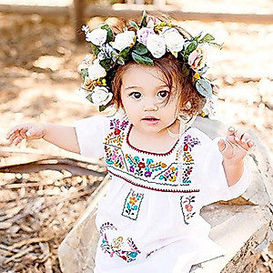 Kashoer Newborn Toddler Baby Girls Ethnic Embroidery Floral Dress Long Sleeve Party Sundress Skirt (6-12Months, White)