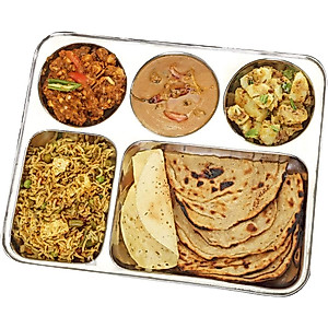 Stainless Steel Rectangle/Square 5 Section Compartment Lunch Plate Round and Square Tray Set of 2