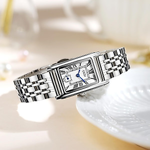 FANMIS Retro Women Watches Fashion Square Ultra-Thin Minimalist Ladies Dress Bracelet Watch Crystal Analog Quartz Watch Simple Waterproof Wristwatch Stainless Steel Band (Y Silver White)