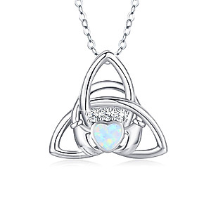 Celtic Knot Necklace for women 925 Sterling Silver Good Luck Irish Celtic Knot Trinity Knot Necklace Celtic Knot Moonstone Love Heart Pendant Necklace for Women Hands Holding Crown Heart Necklace for