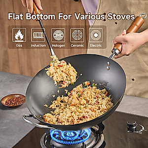 WANGYUANJI Carbon Steel Wok Pan,12.59" Woks and Stir Fry Pans with Glass Lid,Chinese Wok Flat bottom Iron wok for Induction, Electric, Gas, Suitable for All Stoves