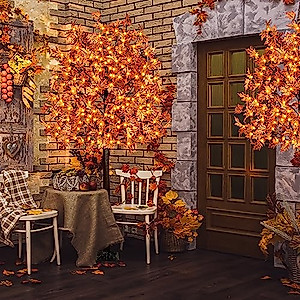 7FT 170 LED Lighted Maple Tree - Thanksgiving Decor Artificial Fall Tree with 17 Branches, 17 Acorns 340 Leaves, Remote 8 Flashing Modes, Timing, DC 5V Safe for Outdoor Wedding Party Autumn Decor…