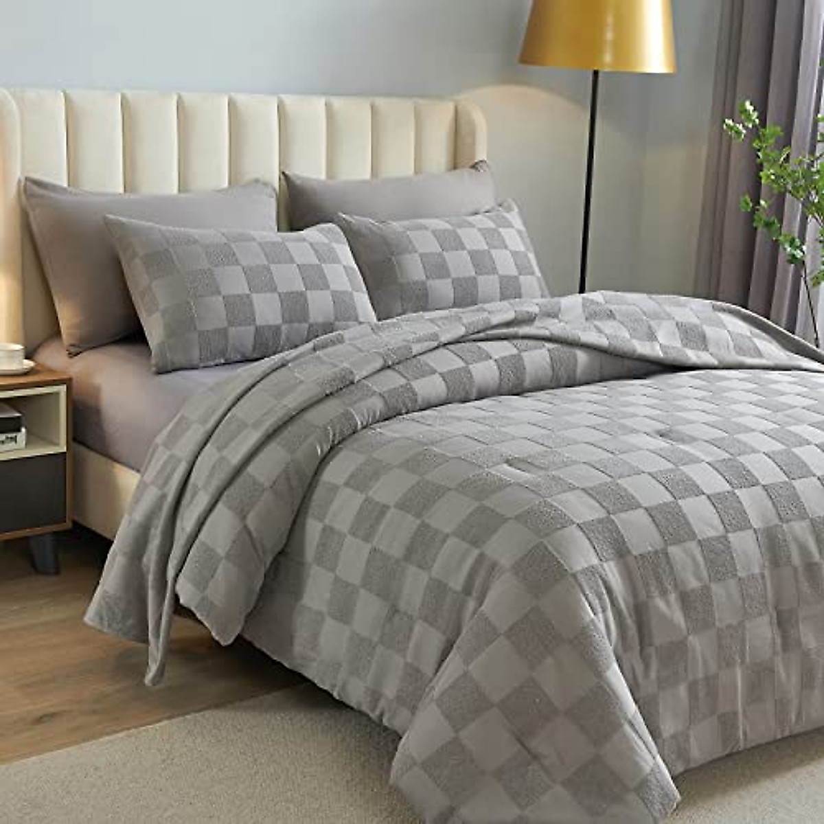 BESTCHIC 7 Piece Grid Bed in a Bag, Grey Plaid Comforter Set Queen Size, Embroidery Shabby Chic Tufted Comforters and Sheet, All Season Soft Microfiber Complete Bedding Sets (90x90 Inches)
