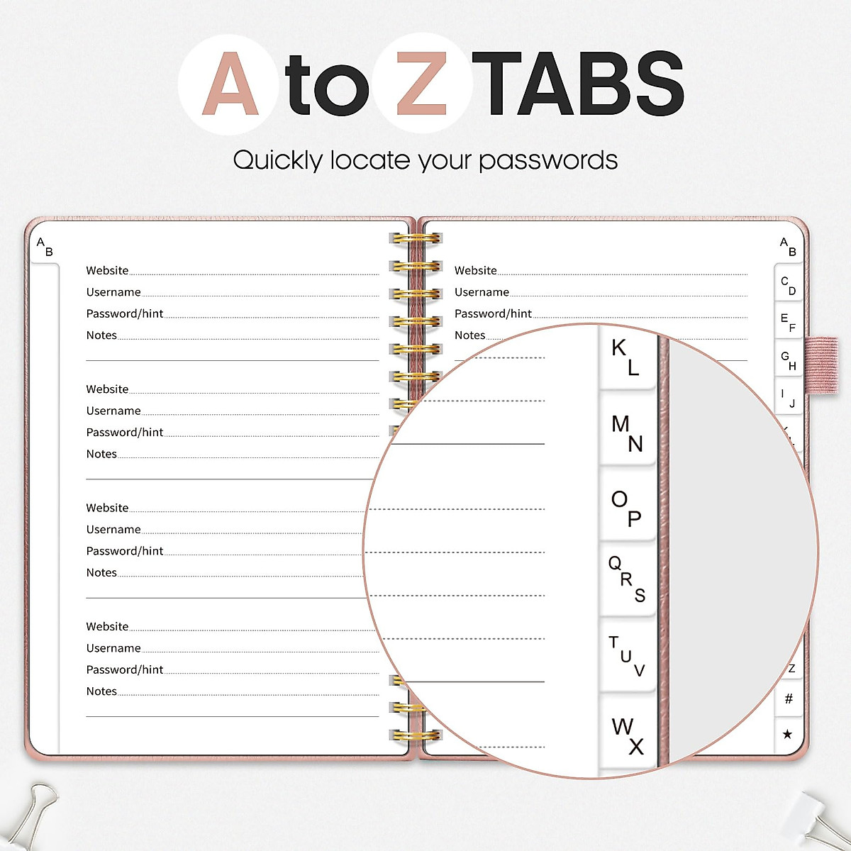 Password Book with Alphabetical Tabs, 5.5" x 6.7" Spiral Password Book, Small Password Books for Seniors, Password Keeper Book to Help You Stay Organized - Rose Gold