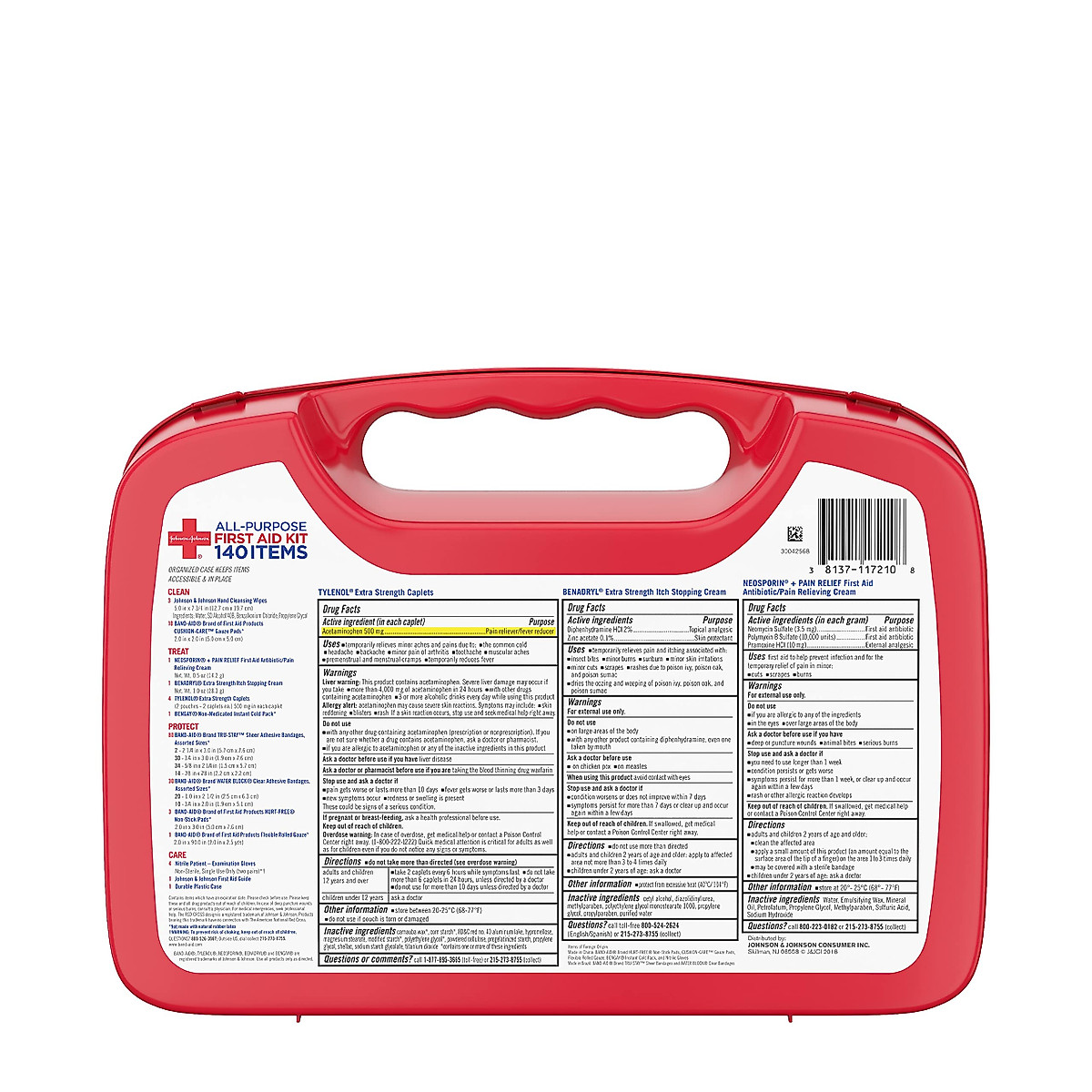 Johnson & Johnson All-Purpose Portable Compact First Aid Kit for Minor Cuts, Scrapes, Sprains & Burns, Ideal for Home, Car, Travel and Outdoor Emergencies, 140 Pieces
