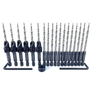 FTG USA Countersink Drill Bit Set 6 Pc #6 (9/64") Wood Countersink Drill Bit Pro Pack Countersink Set, 12 Replacement Tapered Countersink Drill Bits 9/64",1 Stop Collar, Hex Wrench