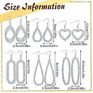6 Pairs Silver Rhinestone Dangle Earrings Simulated Diamond Teardrop Dangle Earrings Hoop Drop Tear Drop Earrings Crystal Long Dangling Earrings for Women