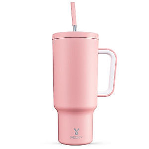 Meoky 40 oz Tumbler with Handle and Straw, Tumbler with Lid and Straw, Insulated Stainless Steel Travel Mug, 100% Leak-proof, Keeps Cold for 34 Hours or Hot for 10 Hours (Blush)