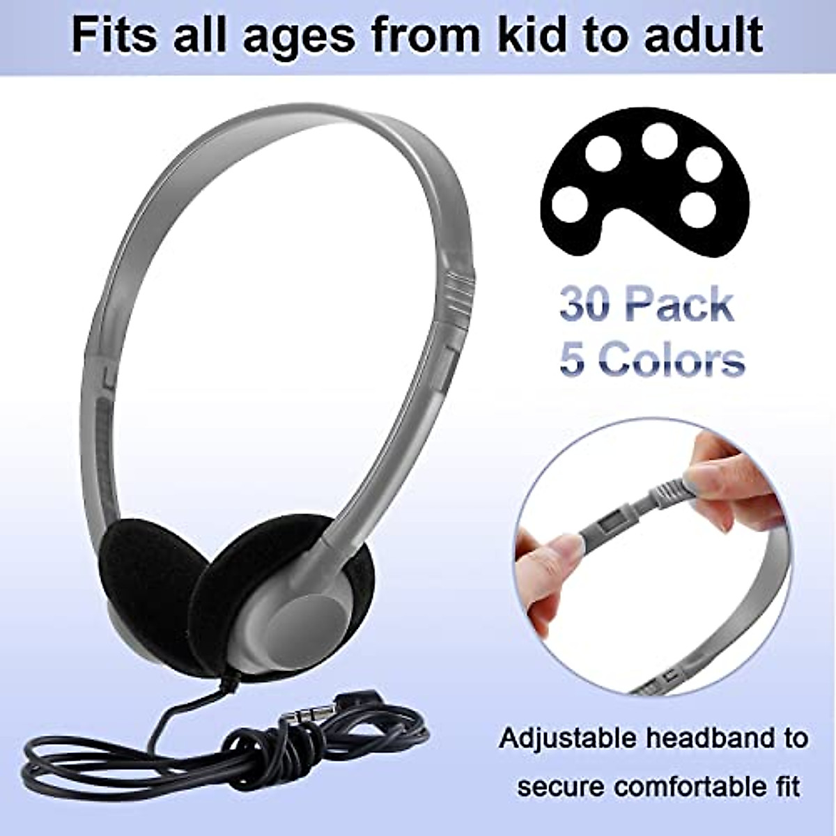 30 Pack Class Set Headphones for Kids School Earphones over Head Bulk Colored Classroom Headphones on Ear Earbuds Adjustable with 3.5 mm Jack for Libraries Students Teens Adults (Bright Color)